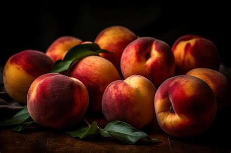 Premium Photo Pile Peaches Rustic Wooden Table Vibrant Colorful Display Of Delicious Fruit