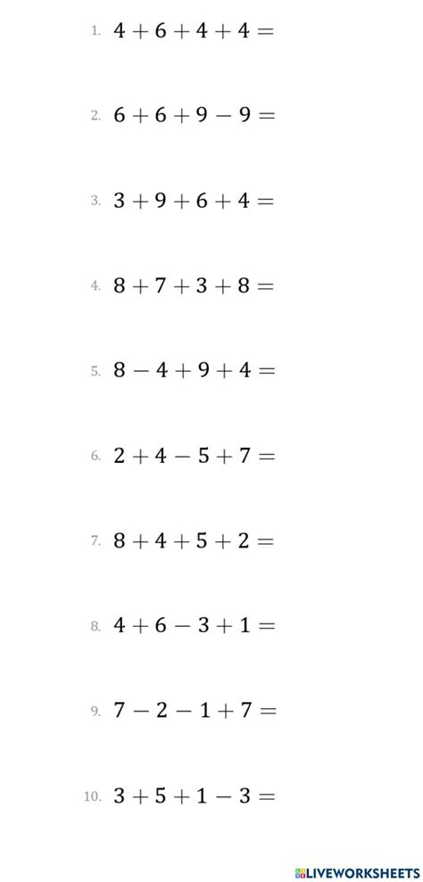 Adding And Subtracting Four Numbers Horizontally Online Exercise For