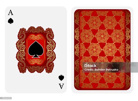 에이스의 스페이드는 빨간색과 금색 패턴 정장 꽃 사각형 패턴과 뒷면에 스페이드와 얼굴 벡터 카드 템플릿 벡터에 대한 스톡 벡터 아트 및 기타 이미지 Istock