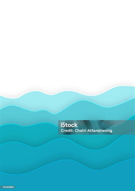 파란 바다 벡터 배경 흰색 텍스트 공간 일러스트 레이 션 프리젠 테이션 브로셔 전단지 표지 및 포스터 템플릿이있는 종이 컷 스타일 바다에 대한 스톡 벡터 아트 및 기타