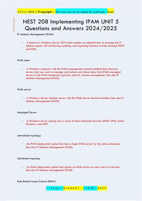 Nest 208 Implementing Ipam Unit 5 Questions And Answers 20242025 Nest Stuvia Us