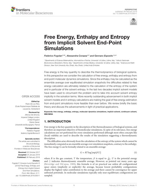 Pdf Free Energy Enthalpy And Entropy From Implicit Solvent End Point Simulations