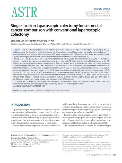 Pdf Single Incision Laparoscopic Colectomy For Colorectal Cancer