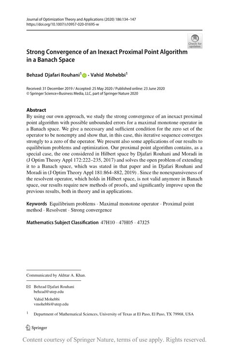 Strong Convergence Of An Inexact Proximal Point Algorithm In A Banach Space Request Pdf