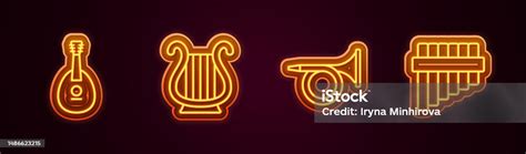 세트 라인 만돌린 고대 그리스 거문고 트럼펫 및 팬 플루트 빛나는 네온 아이콘입니다 벡터 0명에 대한 스톡 벡터 아트 및 기타 이미지 Istock