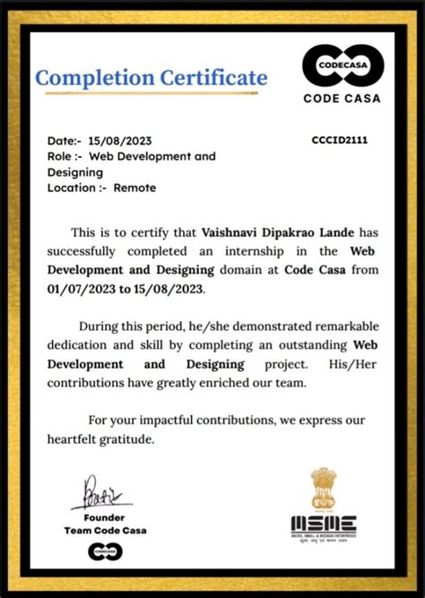 Vaishnavi Lande On Linkedin Codecasa Webdevelopment Webdesign Technology Intern Completed