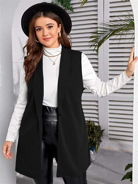 Plus Solid Single Button Shawl Collar Blazer Vest Without Tee Button Shawl Long Vest Outfit