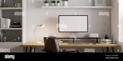 Modern Minimal Bright Home Office Workspace Interior With Pc Desktop Computer Mockup And