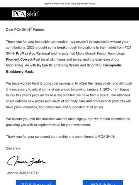 PCA Skin PCA SKIN Price Adjustment Notice Milled