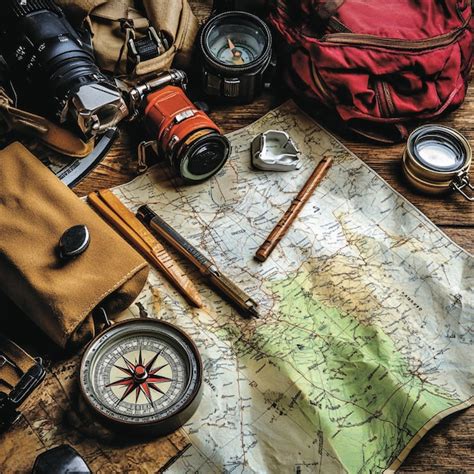Navigation Tools Laid Out On A Wooden Table Including A Compass Map And