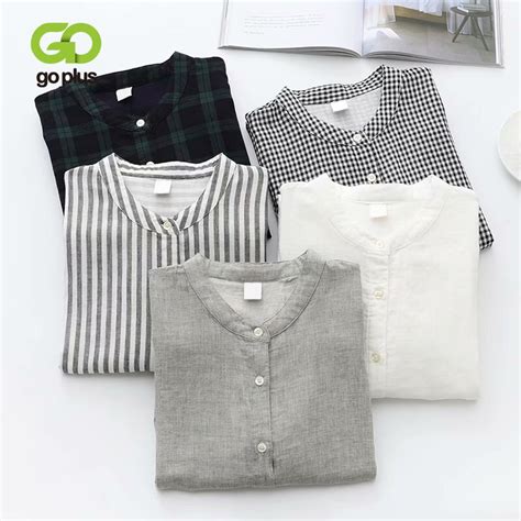 Goplus 스트라이프 격자 무늬 여성 블라우스 2023 반팔 더블 코튼 원사 화이트 셔츠 C11581셔츠