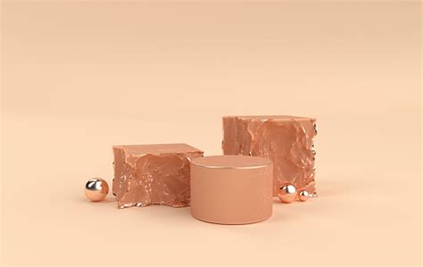 기하학적 모양의 3d 렌더링 스튜디오 바닥에 연단 플랫폼 쇼케이스 제품 프리젠 테이션을위한 바위 받침대 배경 조롱 최소한의
