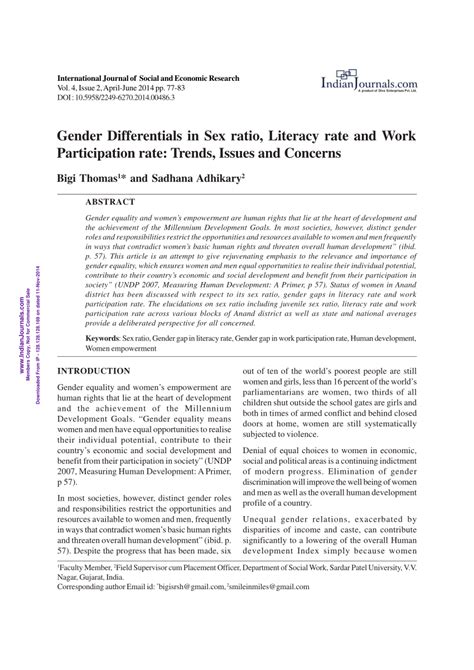 Pdf Gender Differentials In Sex Ratio Literacy Rate And Work