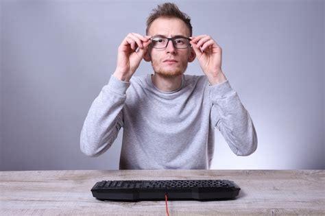 Premium Photo Funny Nerd Young Businessman Man Working On Computer