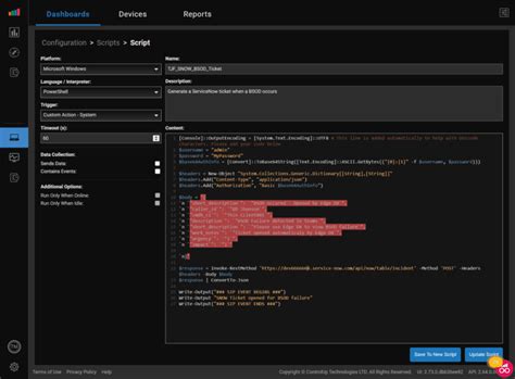 automatically creating servicenow tickets using edge dx controlup
