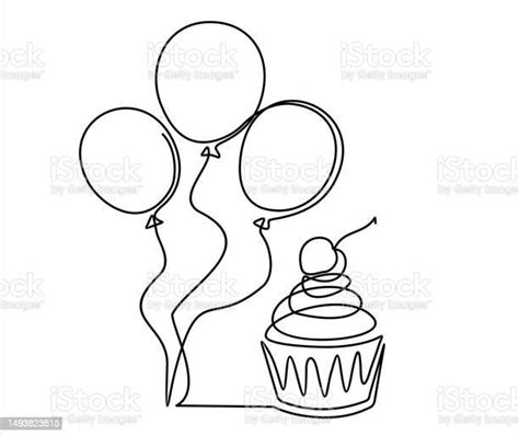 생일 컵케이크와 풍선의 연속 선 그리기 장식과 체리가 있는 컵케이크 생일 축하 개념은 흰색 배경에 분리되어 있다 손으로 그린