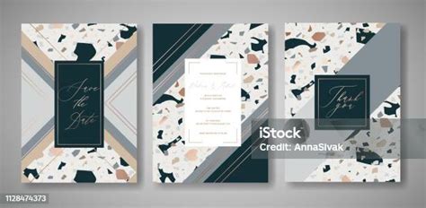 결혼식 초대 카드 테라 설정 합니다 럭셔리 인사말 배너 포스터 대리석 질감에 대 한 기하학적 추상 디자인 서식 파일 날짜 저장 답장 벡터 일러스트 레이 션 벡터에 대한 스톡