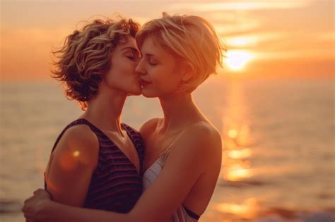 Happy Lesbian Couple Kissing On The Beach At Sunset Premium Ai