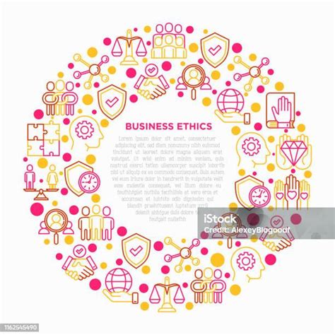 노조 정직 책임 정의 헌신 인종차별 성별 고용 핵심 가치 등 얇은 선 아이콘이 있는 원안에 있는 비즈니스 윤리 개념 벡터 일러스트레이션 인쇄 미디어 템플릿 0명에 대한 스톡