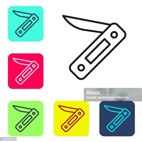 흰색 배경에 고립 된 검은 줄 스위스 군용 칼 아이콘 다목적 펜나이프 다기능 도구 색상 정사각형 단추로 아이콘을 설정합니다 벡터 부엌 칼에 대한 스톡 벡터 아트 및 기타