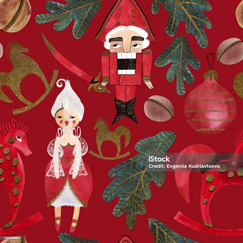 호두 까기 인형과 견과류 새해와 크리스마스 포장지에 대 한 완벽 한 수채화 패턴입니다 크리스마스 트리 아래에서 아이들을 위한 빈티지 스타일 선물 0명에 대한 스톡 벡터 아트