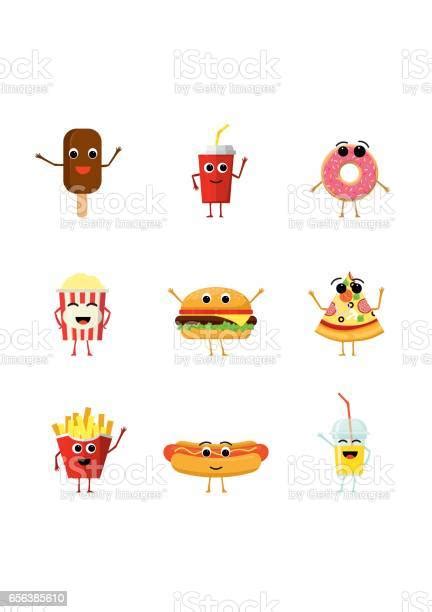 흰색 배경에 고립 된 재미 있는 패스트 푸드 문자의 집합입니다 평면 스타일 벡터 일러스트 레이 션에 귀여운 만화 패스트 푸드