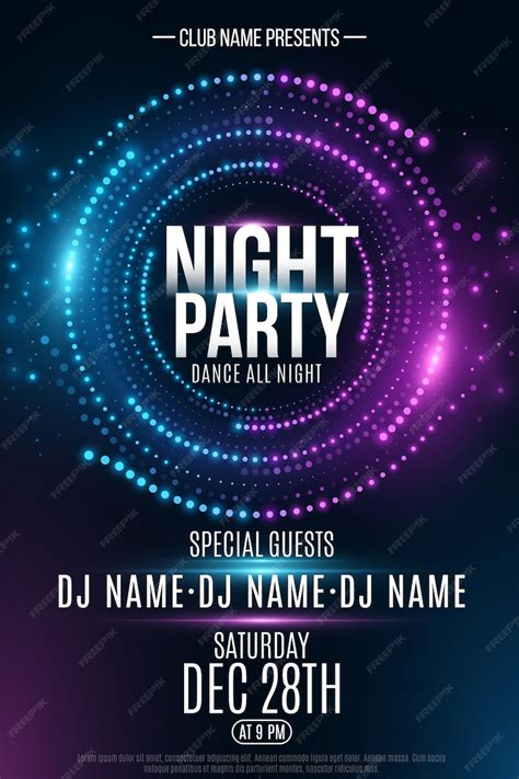 야간 파티 포스터 디자인 빛나는 진동하는 점의 미래의 디지털 프레임 조명 효과와 함께 음악 진동 Dj 및 클럽 이름 음악 이벤트 터 일러스트 프리미엄 벡터