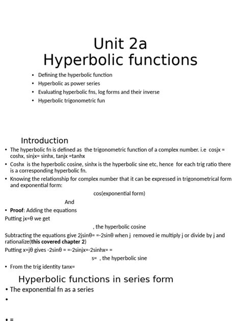 Unit 2a Hyperbolic Functions Pdf Trigonometric Functions Function Mathematics