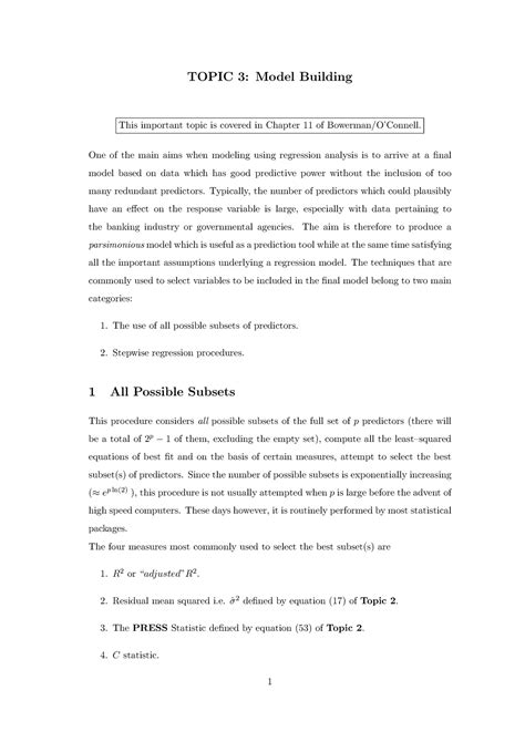 Topic 3 1 Lecture Notes Topic 3 Model Building This Important