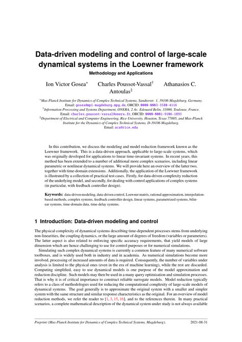 Pdf Data Driven Modeling And Control Of Large Scale Dynamical Systems In The Loewner Framework