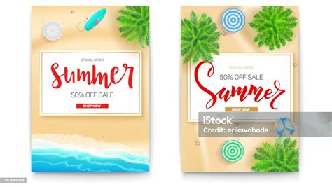 여름 판매 포스터 관광 이벤트 여행사 작업의 집합입니다 50 할인까지 받을 여름 판매 배너입니다 열 대 풍경 비치 해변 바다