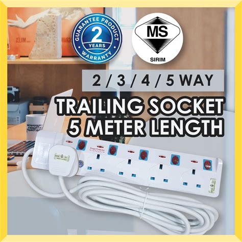 [sirim] 5m Extension Trailing Socket W Neon Plug Adaptor Multiple Universal Adapter Cord 2 3 4 5