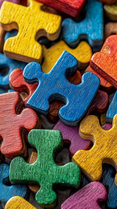 Colorful Wooden Jigsaw Puzzle Pieces Close Up Interlocking Game Brain Teaser Abstract Background