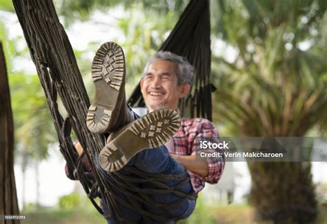 Mature Man Legs In Boots Laying On Rope Hammock Happy Senior Male