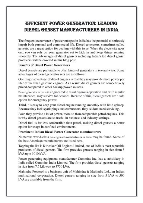 Ppt Efficient Power Generation Leading Diesel Genset Manufacturers