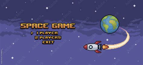 Pixel Art Space Game Home Screen Game Menu With Rocket Flying Over Earth 8 Bit Game Background