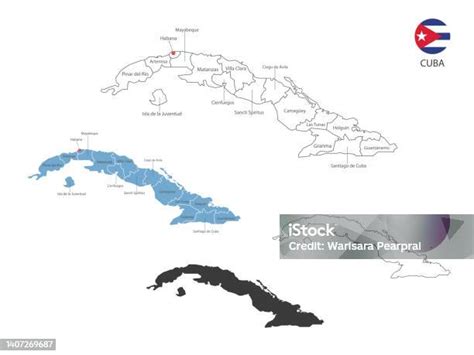 쿠바지도 벡터 일러스트 레이 션의 4 스타일은 모든 지방을 가지고 쿠바의 수도를 표시합니다 얇은 검은 윤곽선 단순 스타일과
