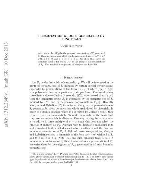 Pdf Permutation Groups Generated By Binomials