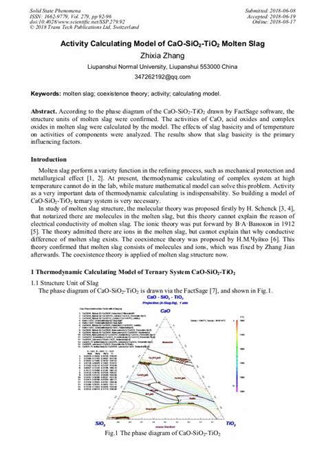 Activity Calculating Model Of Cao Sio2 Tio2 Molten Slag Scientificnet