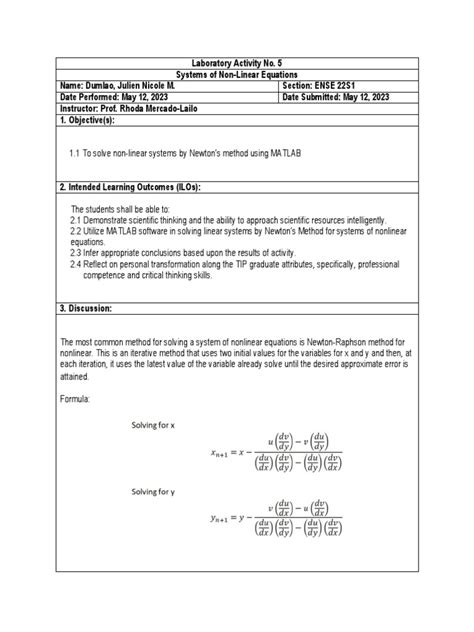 Laboratory Activity 5 Systems Of Nonlinear Equations Dumlao Download Free Pdf Nonlinear