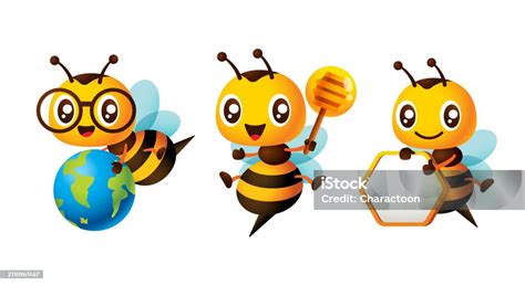 귀여운 꿀벌 만화 마스코트 세트 와 보유 공백 간판 꿀 Dripper 와 지구본 일러스트 벡터 가리키기에 대한 스톡 벡터 아트 및 기타 이미지 Istock