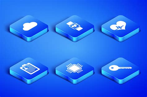 키 클라우드 Cpu가 있는 프로세서 클립보드 다시 시작 스마트 시계 심박수 및 심장 아이콘을 설정합니다 벡터 3차원 형태에 대한