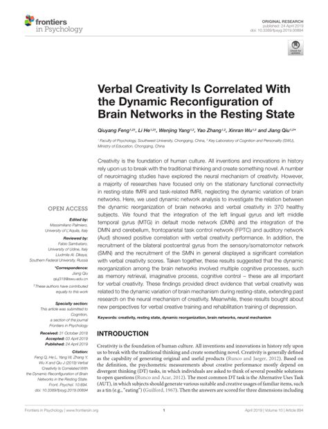 Pdf Verbal Creativity Is Correlated With The Dynamic Reconfiguration Of Brain Networks In The