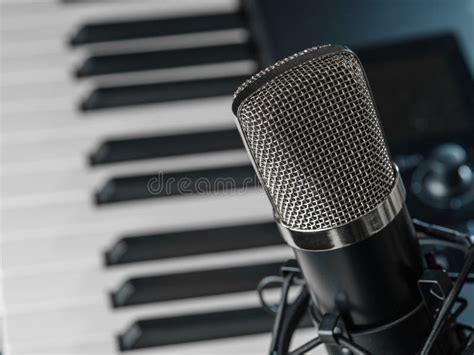 Microphone And Midi Keyboard Synthesizer Close Up Music Vocals