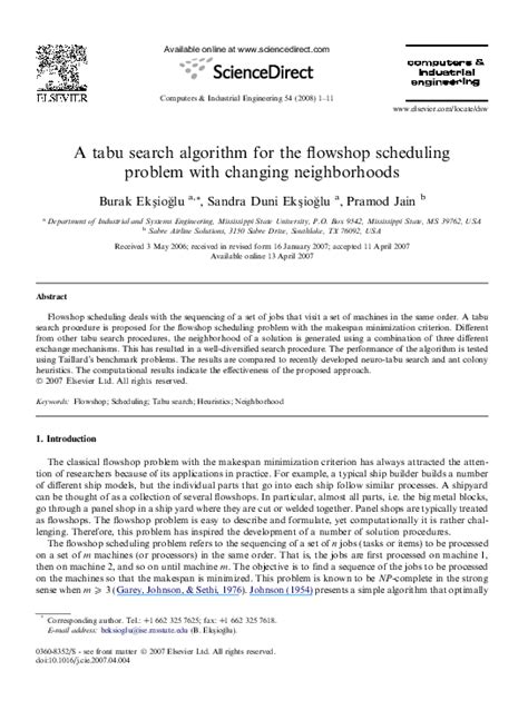 Pdf A Tabu Search Algorithm For The Flowshop Scheduling Problem With