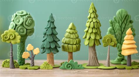 A Group Of Clay Trees Varying In Size And Shape Perfect For Building A Forest Set In A