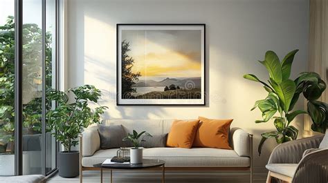 Serene Living Room Interior Design Modern Sofa With Sunset Landscape