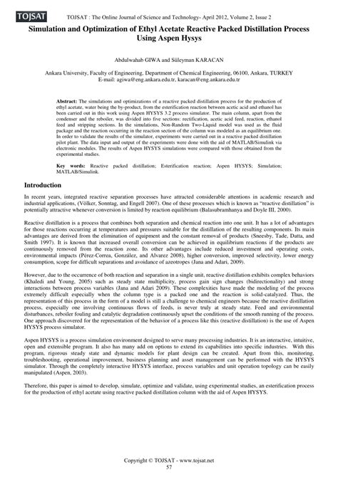Pdf Simulation And Optimization Of Ethyl Acetate Reactive Packed Distillation Process Using