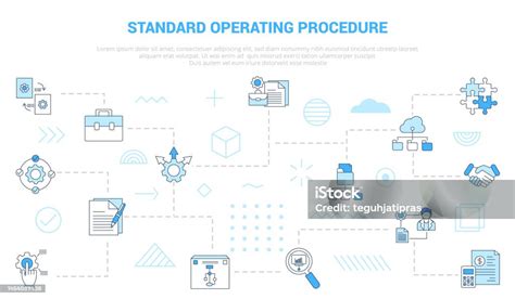 Sop 표준 운영 절차 개념 아이콘 세트 템플릿 배너 현대 블루 색상 스타일 프로젝트 관리에 대한 스톡 벡터 아트 및 기타