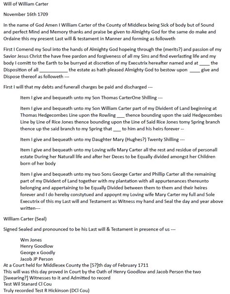 Will Of William Carter Of Middilesex